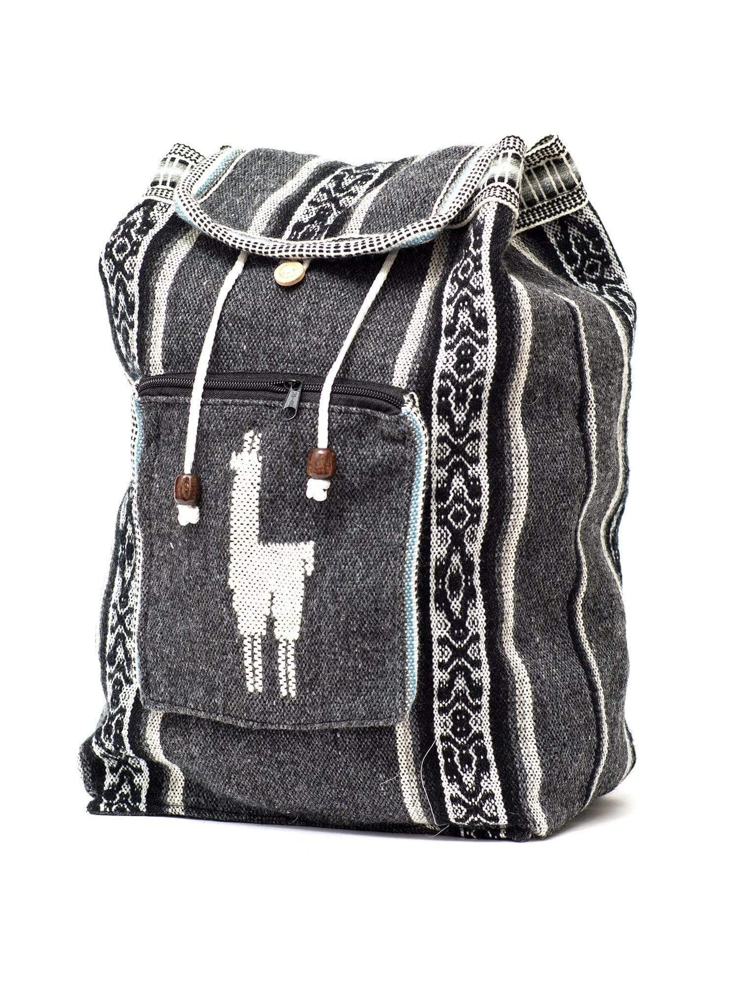 Peruvian Wool Backpack w/ Llama Pocket | txbp009-Charcoal | Shamans Market