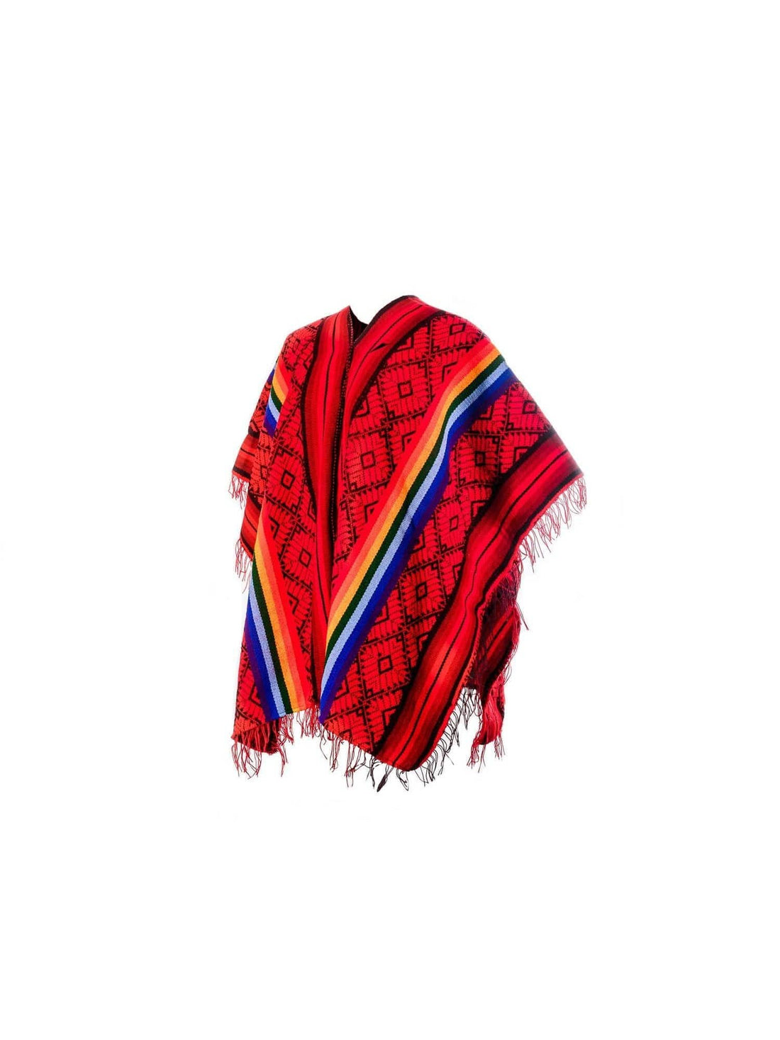 Peruvian Traditional Wool Blend Poncho - Red/Black/Rainbow | txp0082 ...
