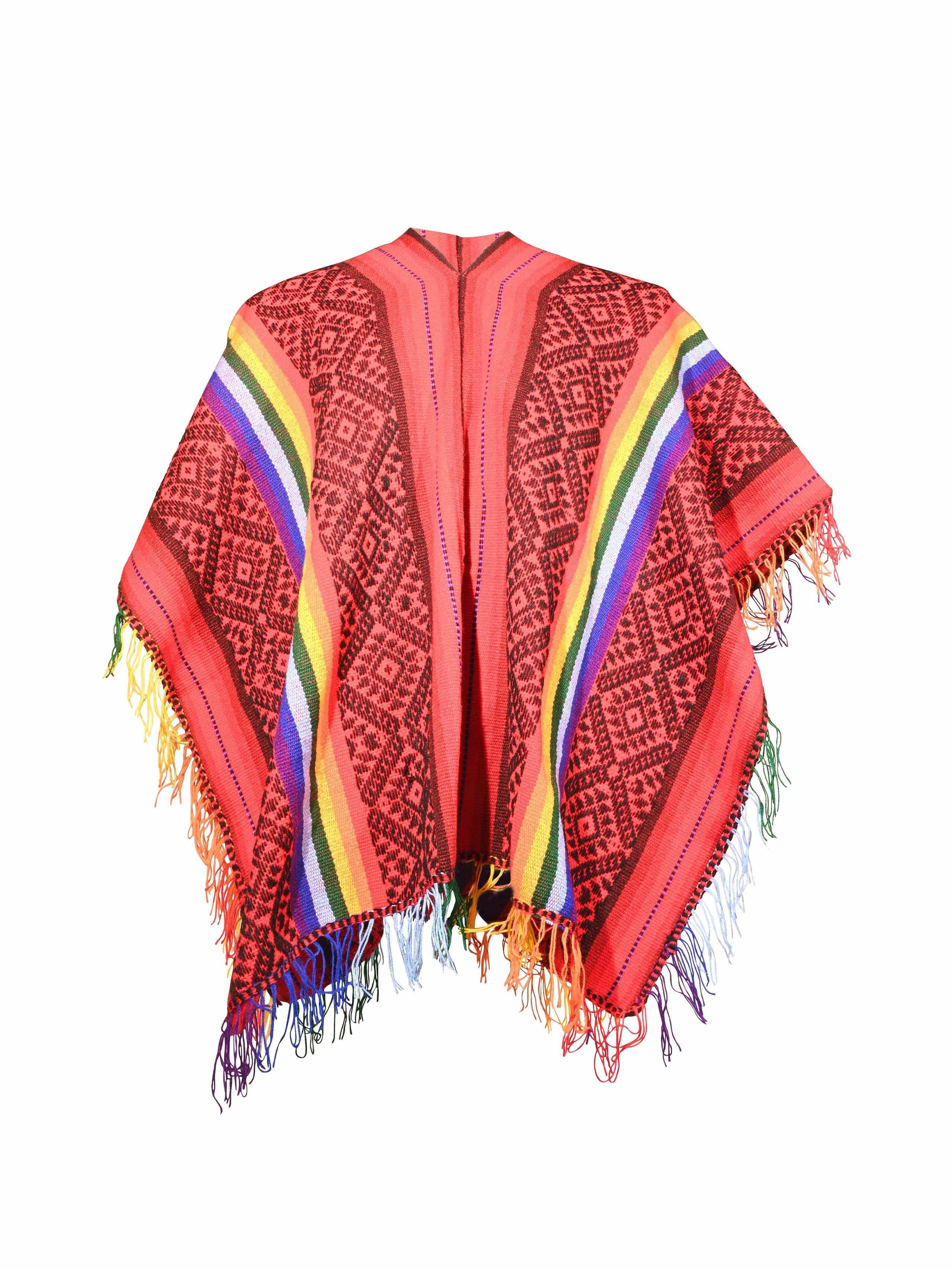 Peruvian Traditional Wool Blend Poncho - Red/Black/Rainbow | txp11-007 ...
